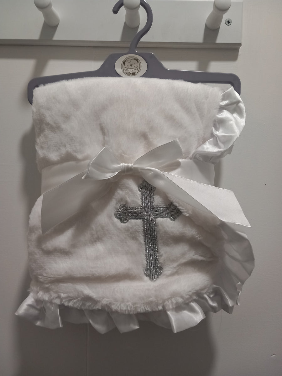 White Christening Wrap with Satin Lace Border and Silver Cross – Leanaí ...